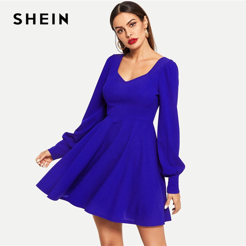 SHEIN Blue Knot Backless Sweetheart Solid Fit and Flare Long Sleeve ...