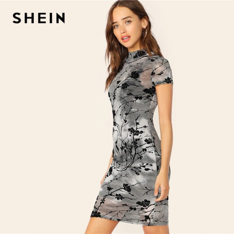 SHEIN Chinese Style Grey Ink Painting Sheer Bodycon Pencil Summer Dress ...