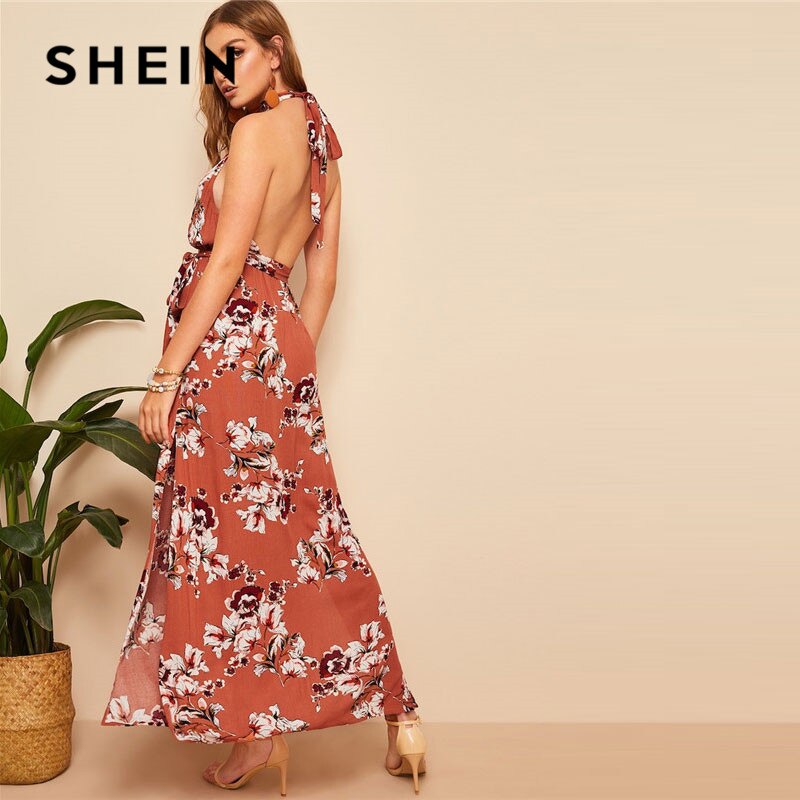 SHEIN Bohemian Rust Open Back Slit Side Halter Floral Dress Women ...