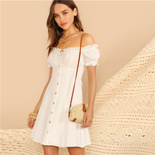 SHEIN White Button Front Puff Sleeve Bardot Off the Shoulder Dress ...