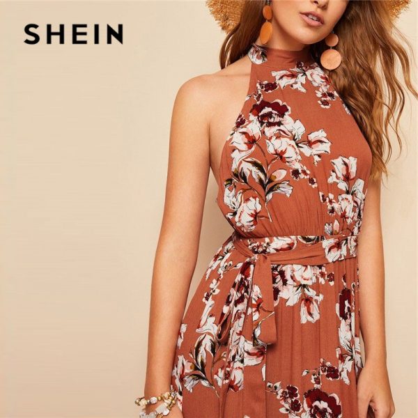 SHEIN Bohemian Rust Open Back Slit Side Halter Floral Dress Women ...